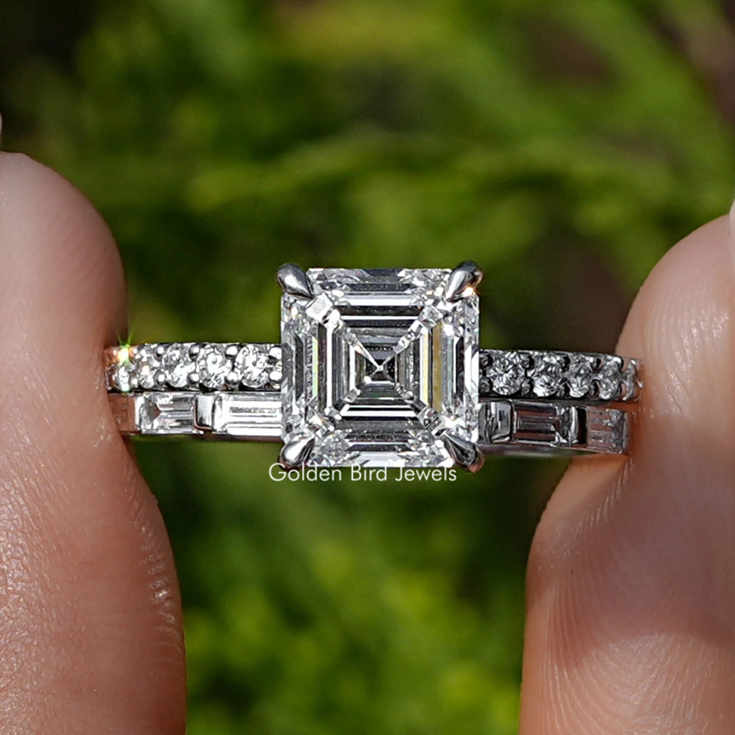 Square Emerald Lab Diamond Ring with Baguette Band