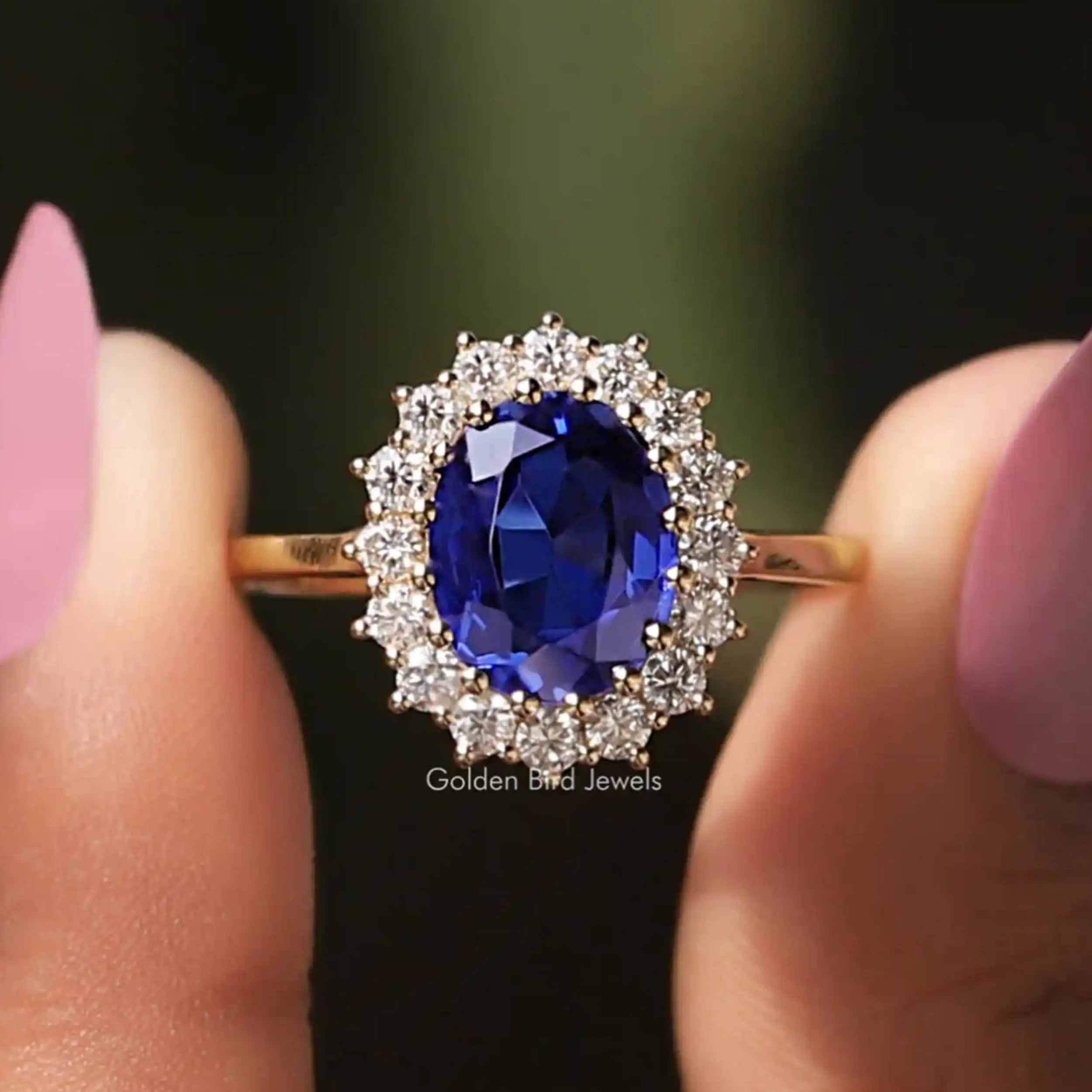 Sapphire Blue Oval Cut Halo Ring