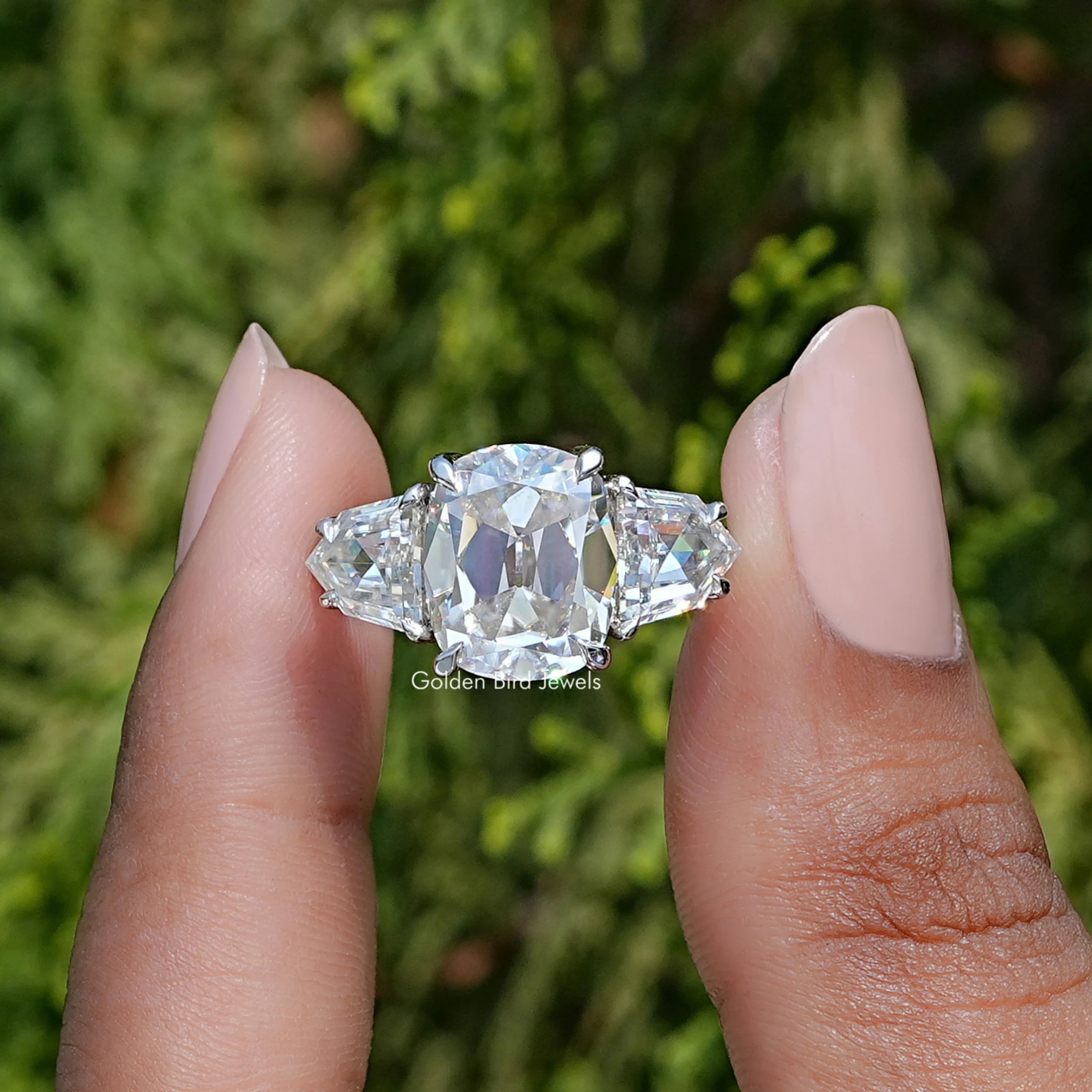 Elongated Old Mine Cushion Three Stone Ring