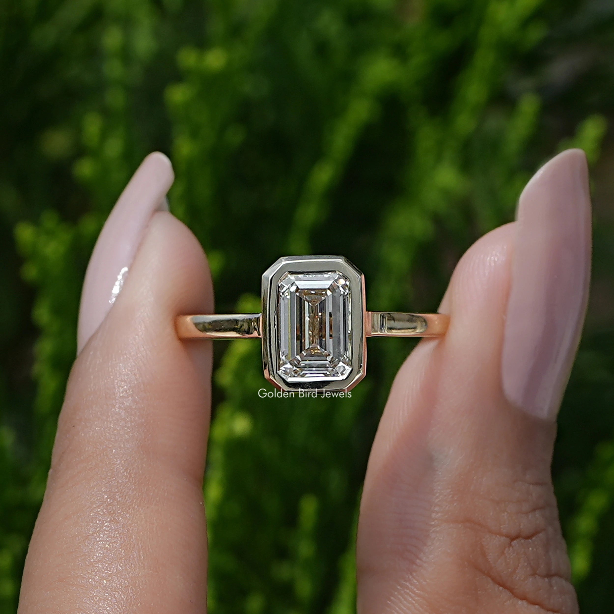 Emerald Cut Lab Diamond Bezel Set Engagement Ring