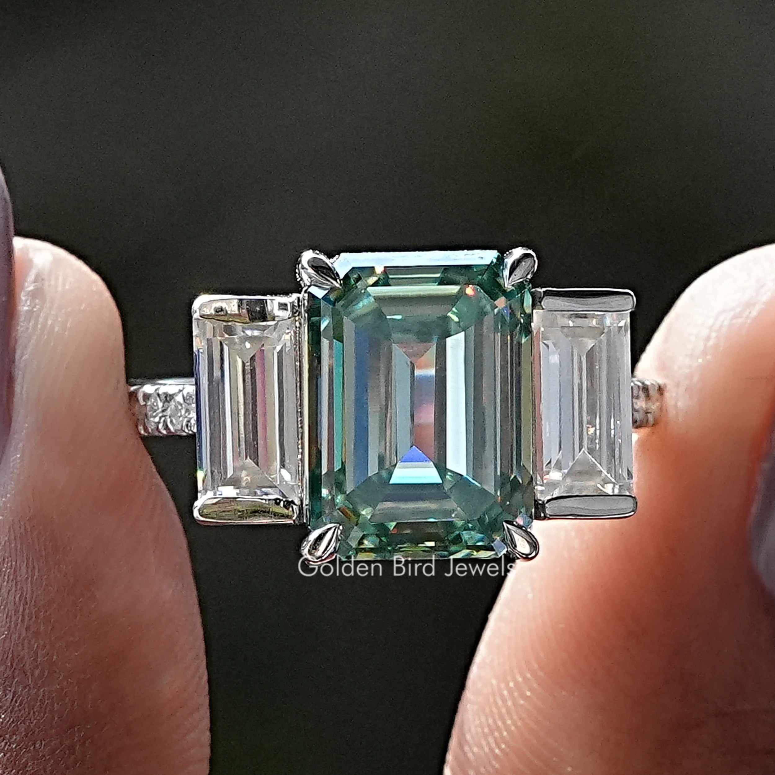 Emerald Cut Three Stone Moissanite Engagement Ring Set