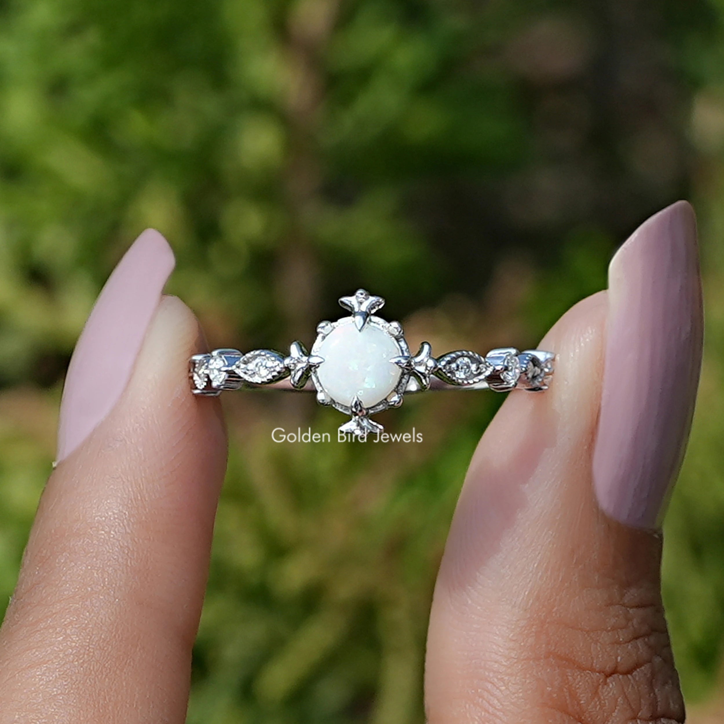 Opal Round Gemstone Accent Set Engagement Ring