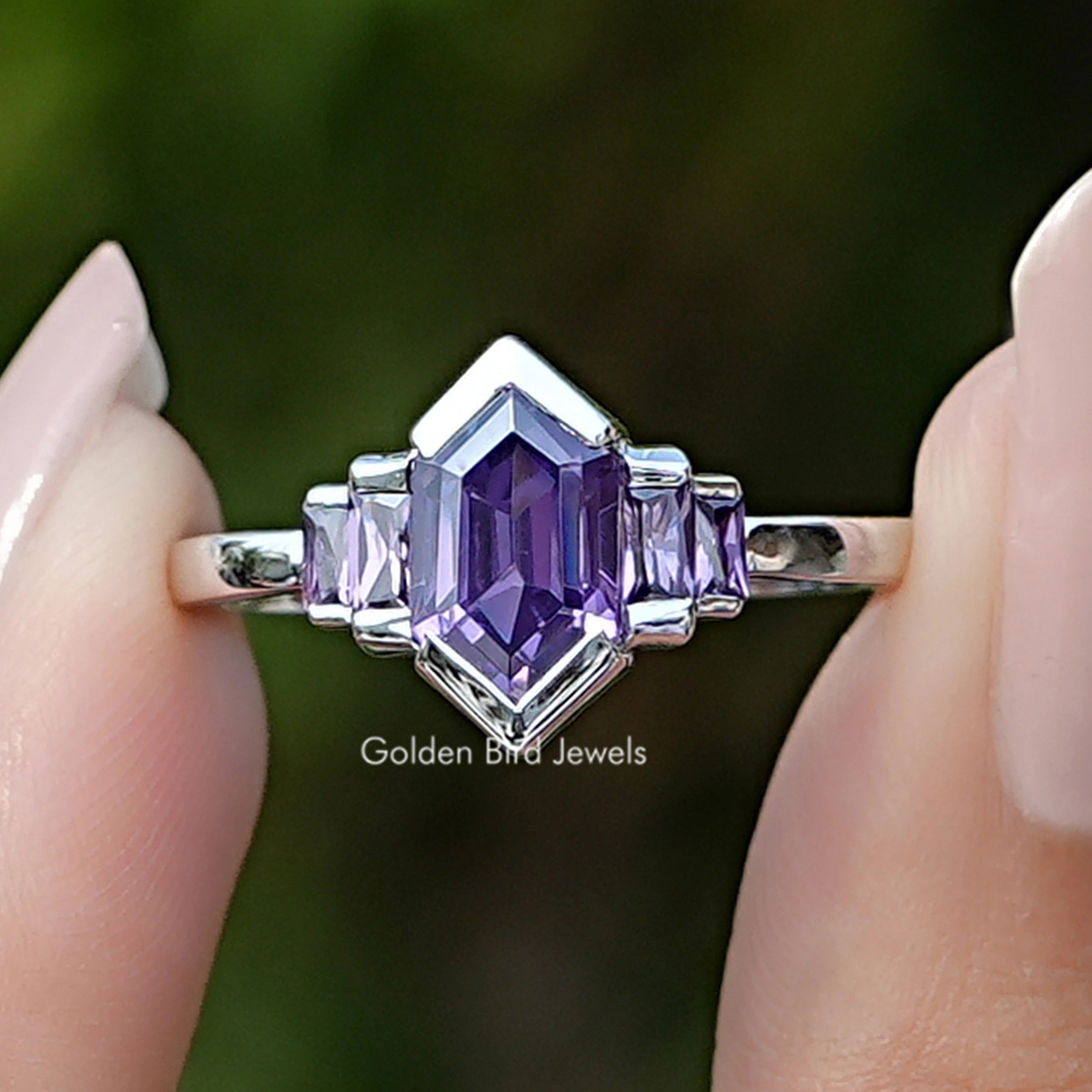 Hexagon Amethyst Gemstone Bezel Ring