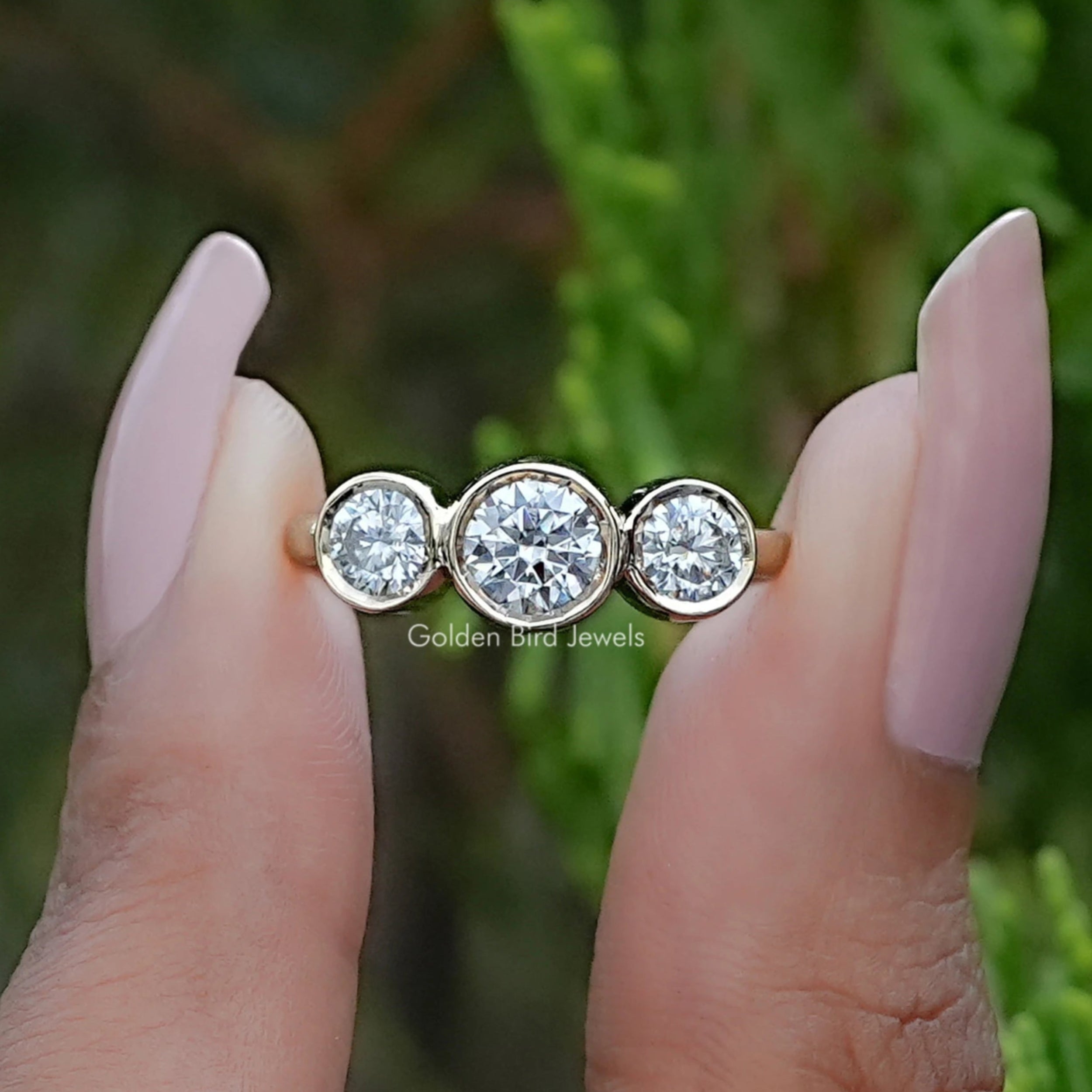 Bezel Set Round Cut Moissanite 3 Stone Ring