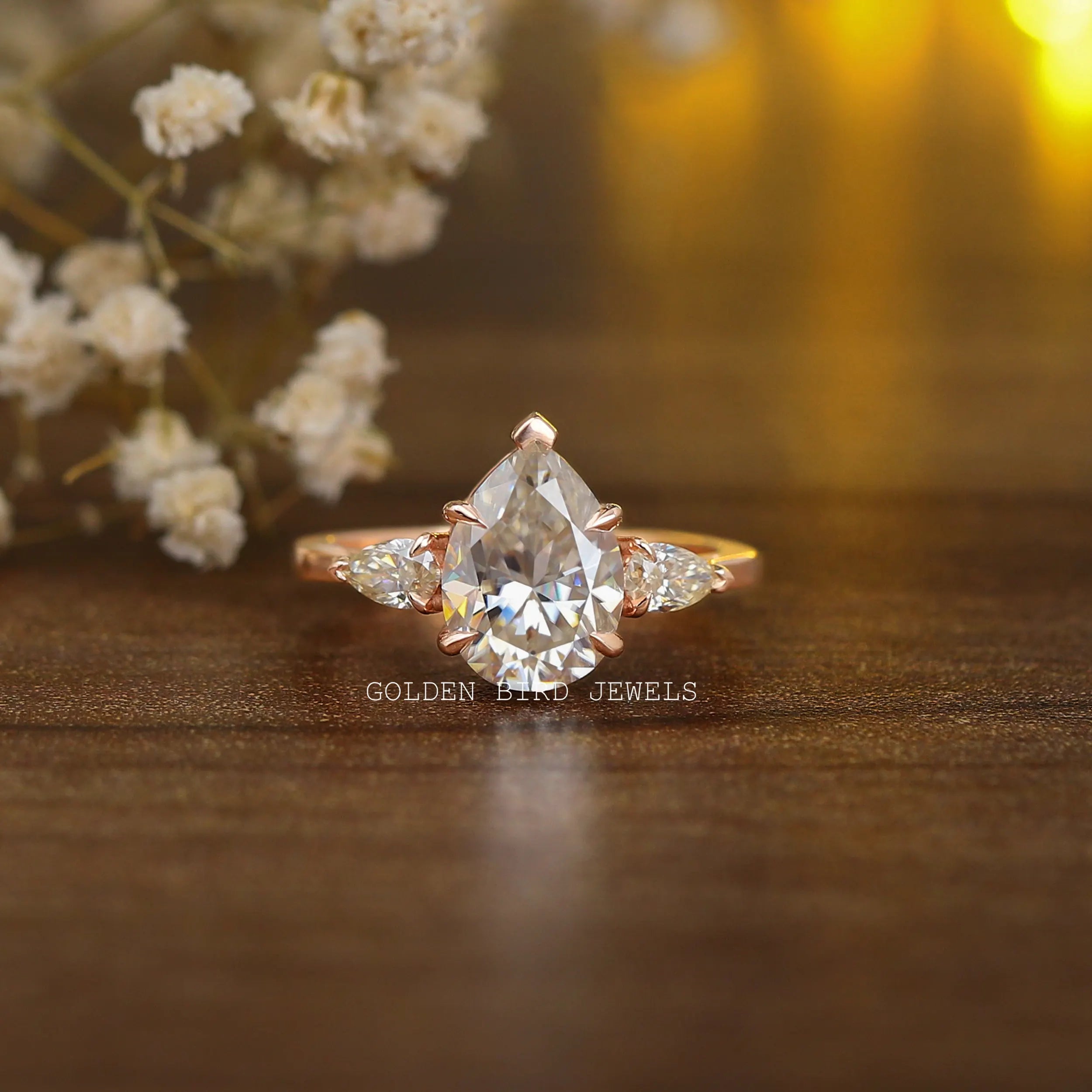 Pear Shaped 3 Stone Moissanite Ring